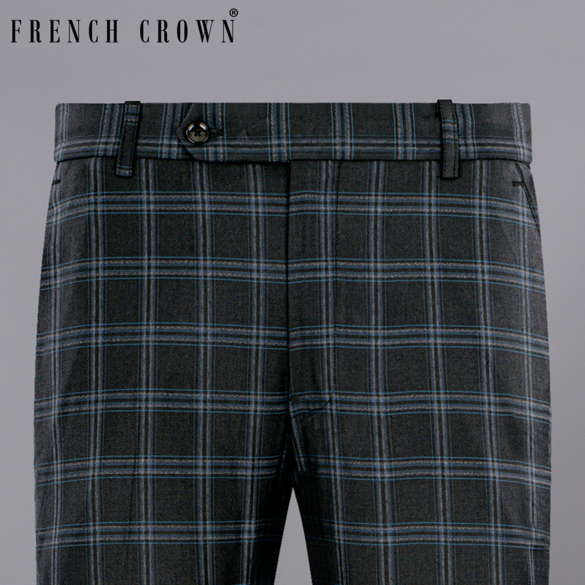 Dark Grey Checks-Plaid Regular Fit Wool-Blend Pants For Men