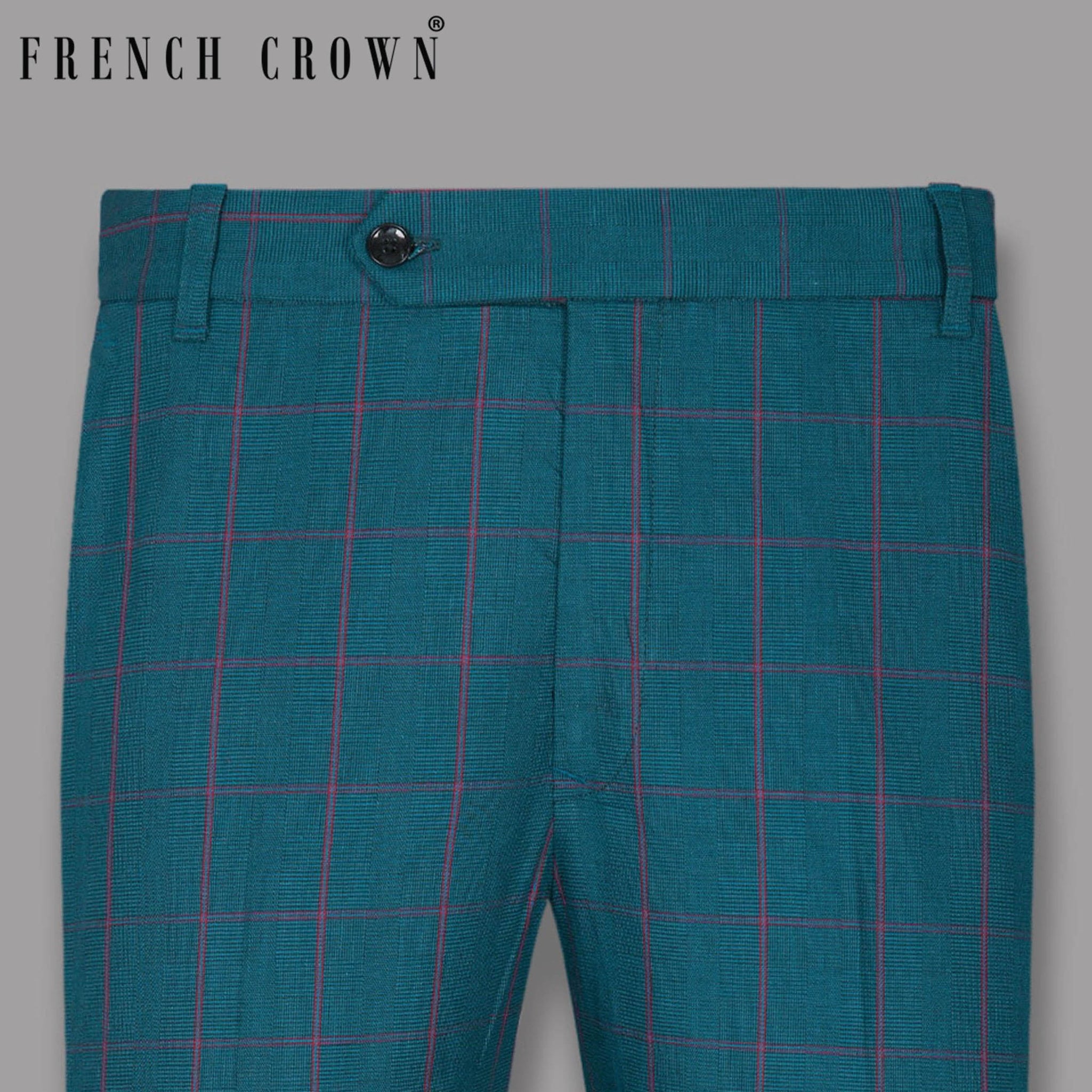 blue Checks-Plaid Regular Fit Wool-Blend Pants For Men