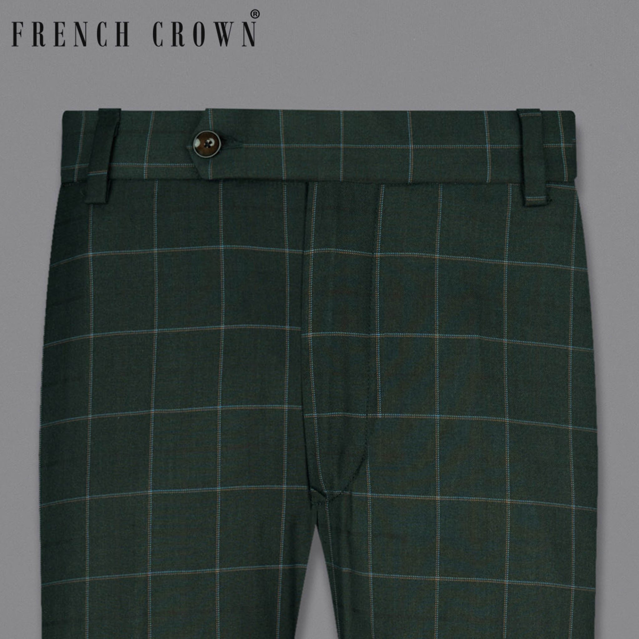Lunar Green Checks-Plaid Regular Fit Wool Blend Pants For Men