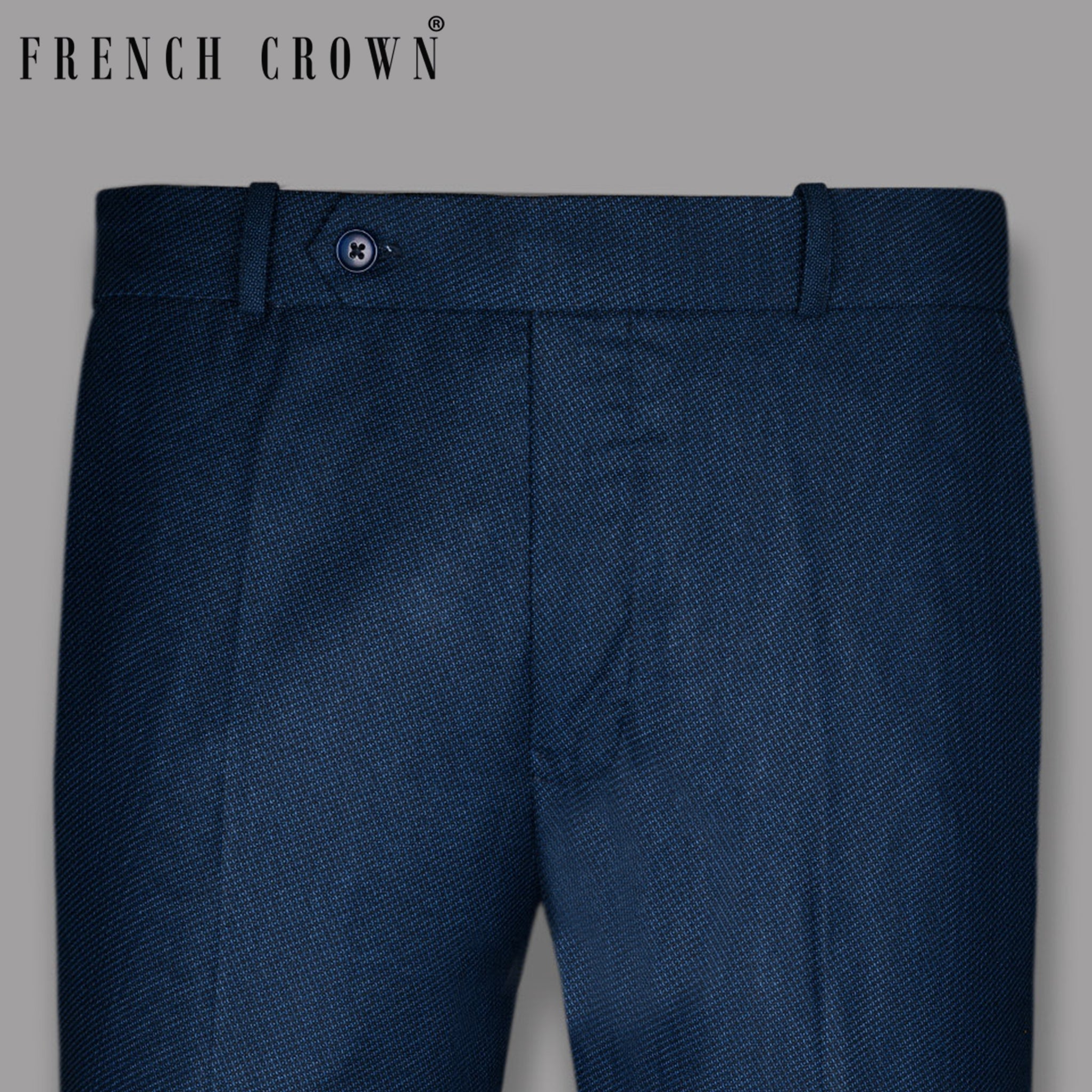 Royal Blue Textured Regular Fit Wool-Blend Pants For Men