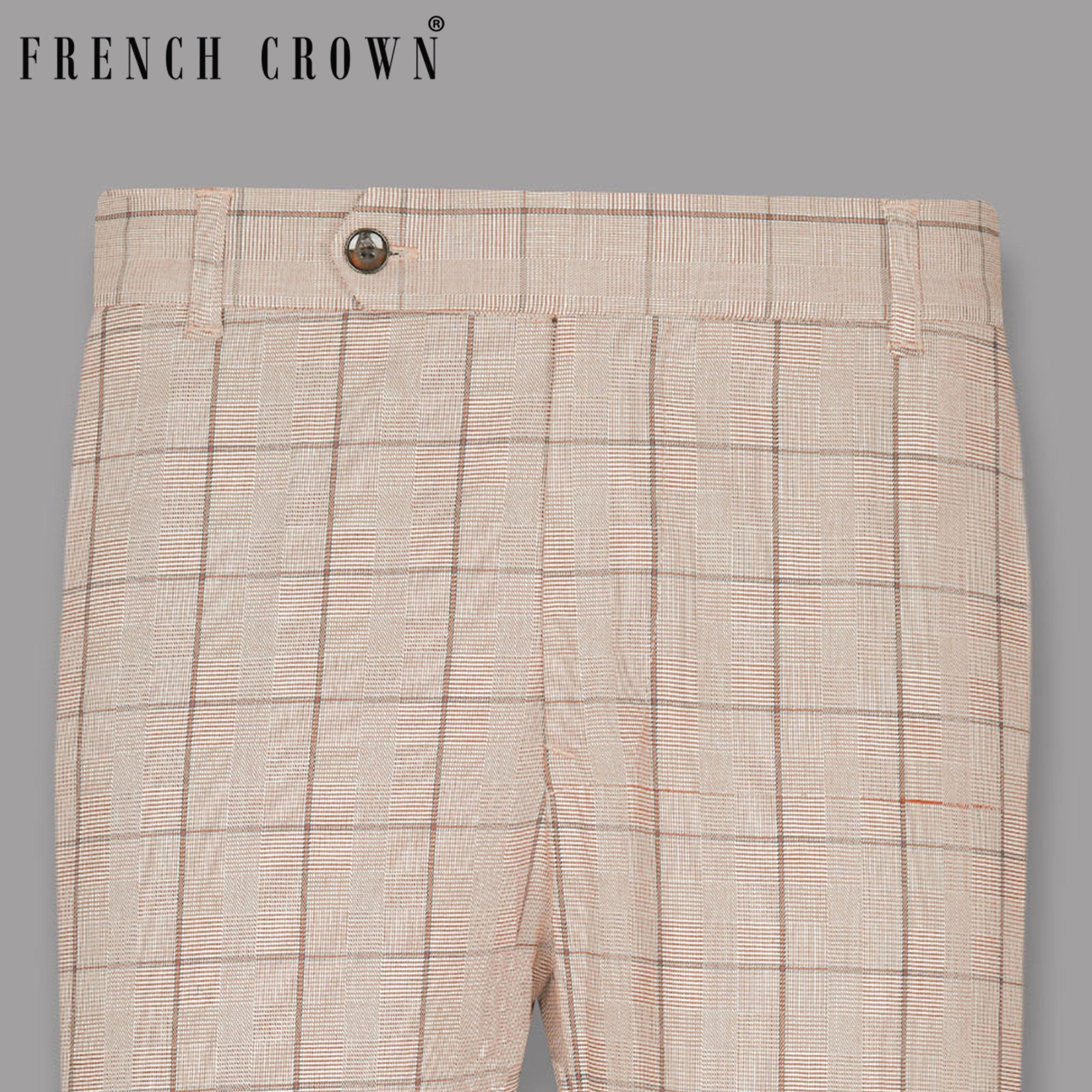 Beige Checks Plaid Regular Fit Wool Pants For Men
