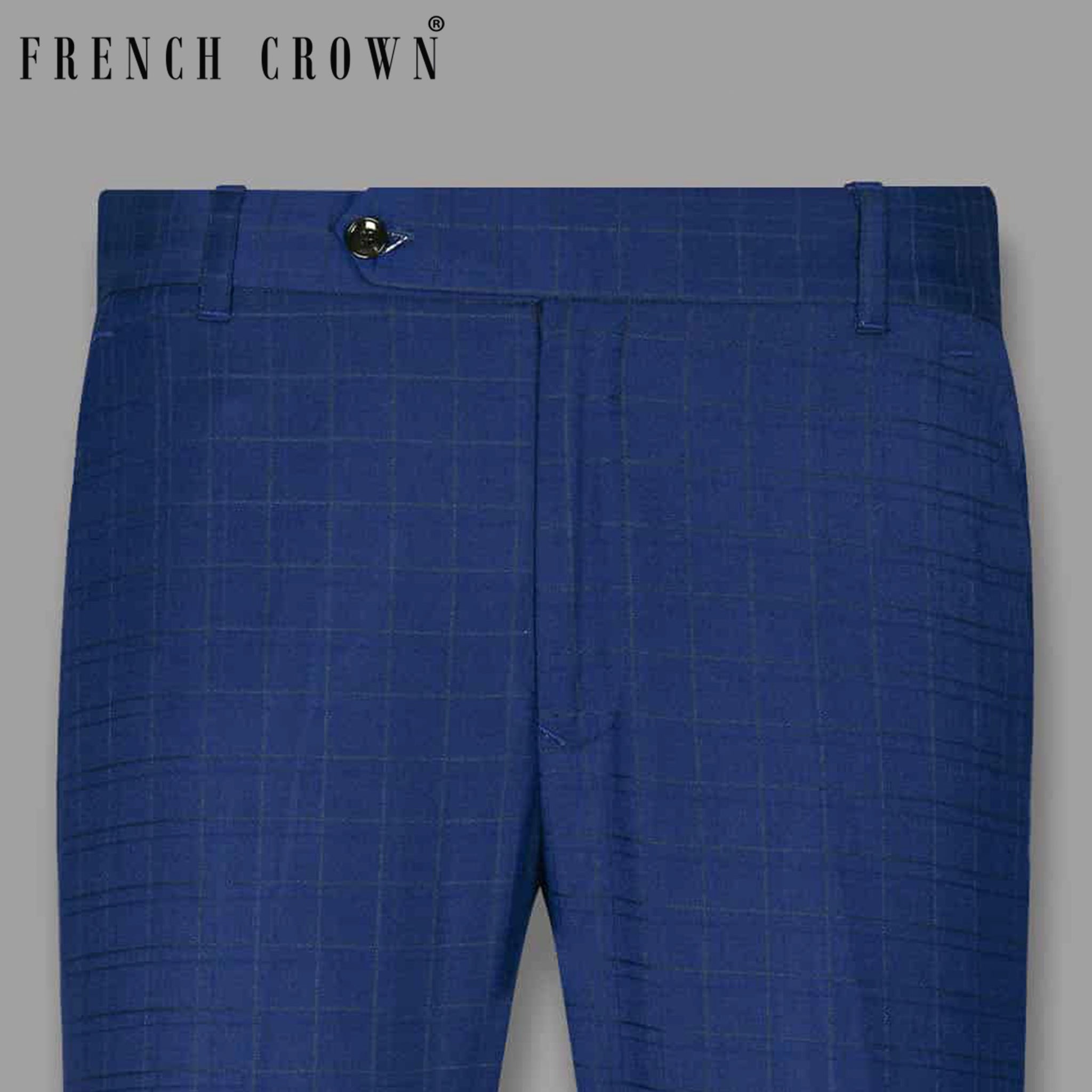 Regal Blue Checks-plaid Regular Fit Wool Blend Pants For Men