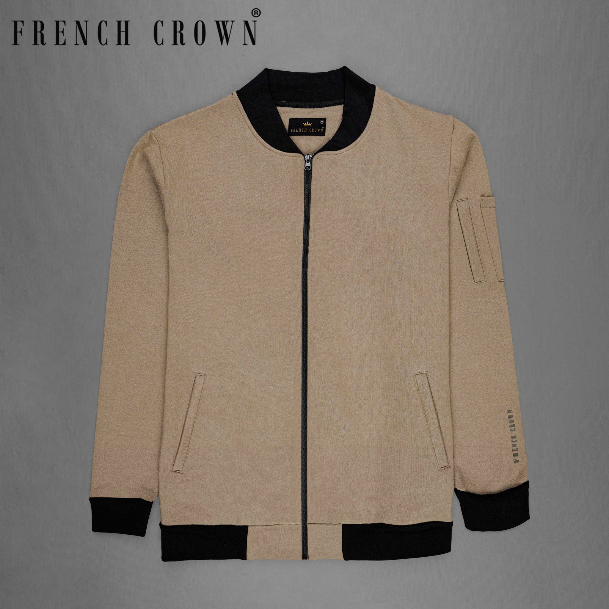 Pale Oyster Brown Plain-Solid Premium cotton Bomber Jacket For Men