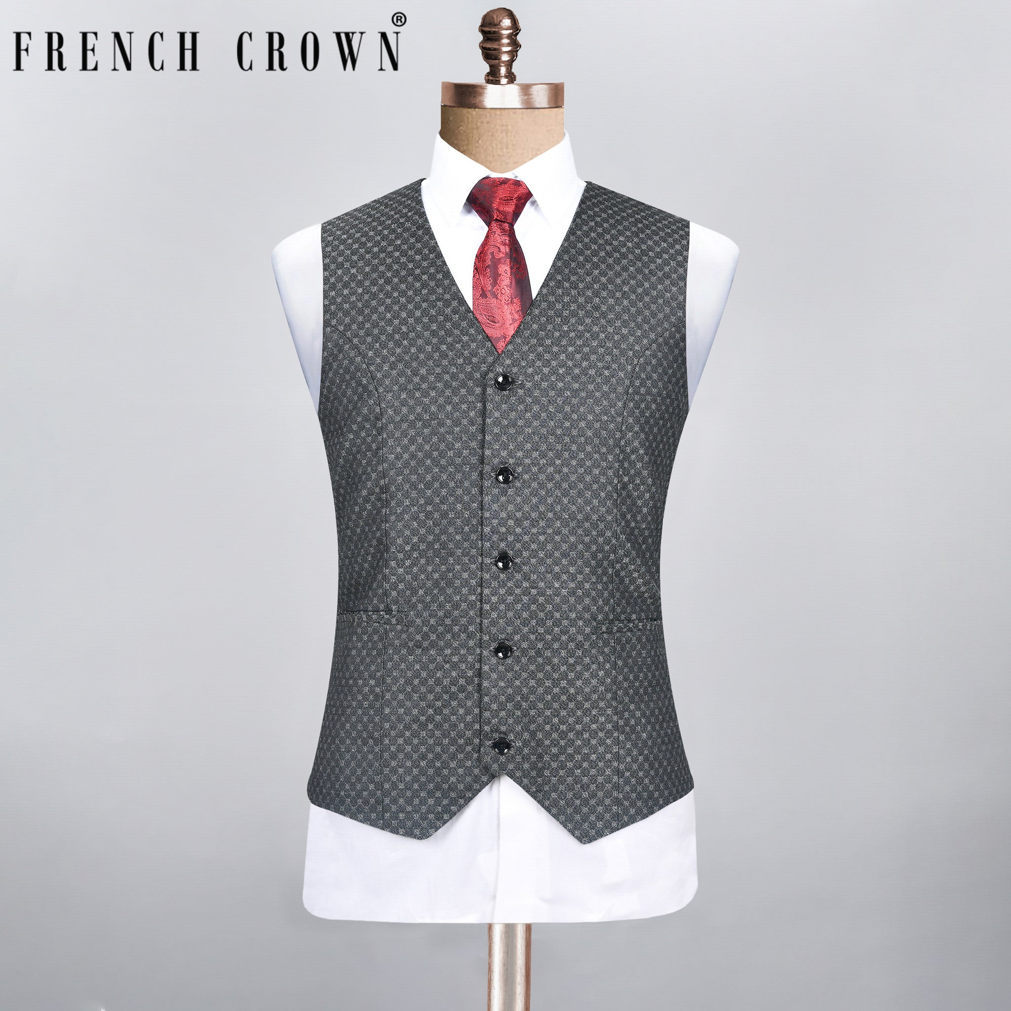Pebble Grey Box Textured Wool blend Waistcoat