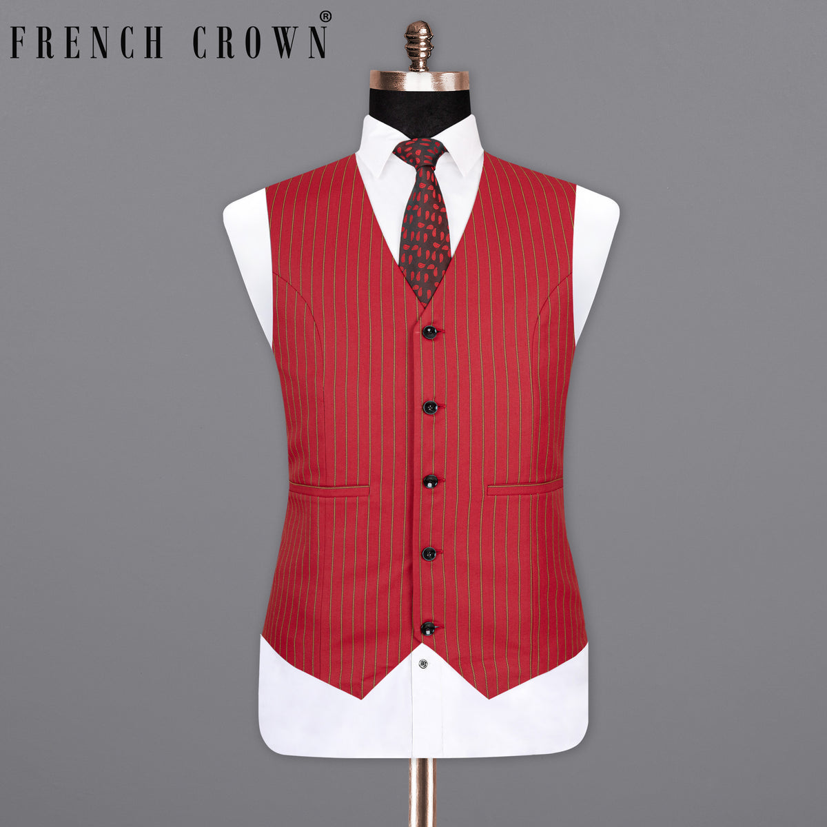 Medium Carmine Red Stripes Premium Wool Blend Waistcoats For Men