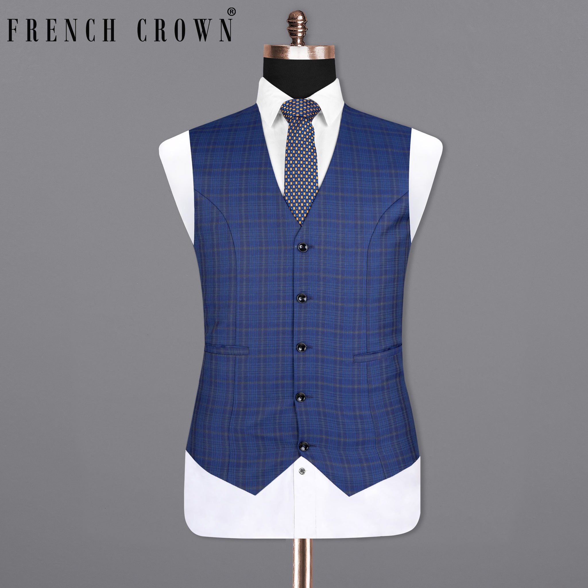 Cloud Burst Blue Checks-Plaid Premium Wool Blend Waistcoats For Men