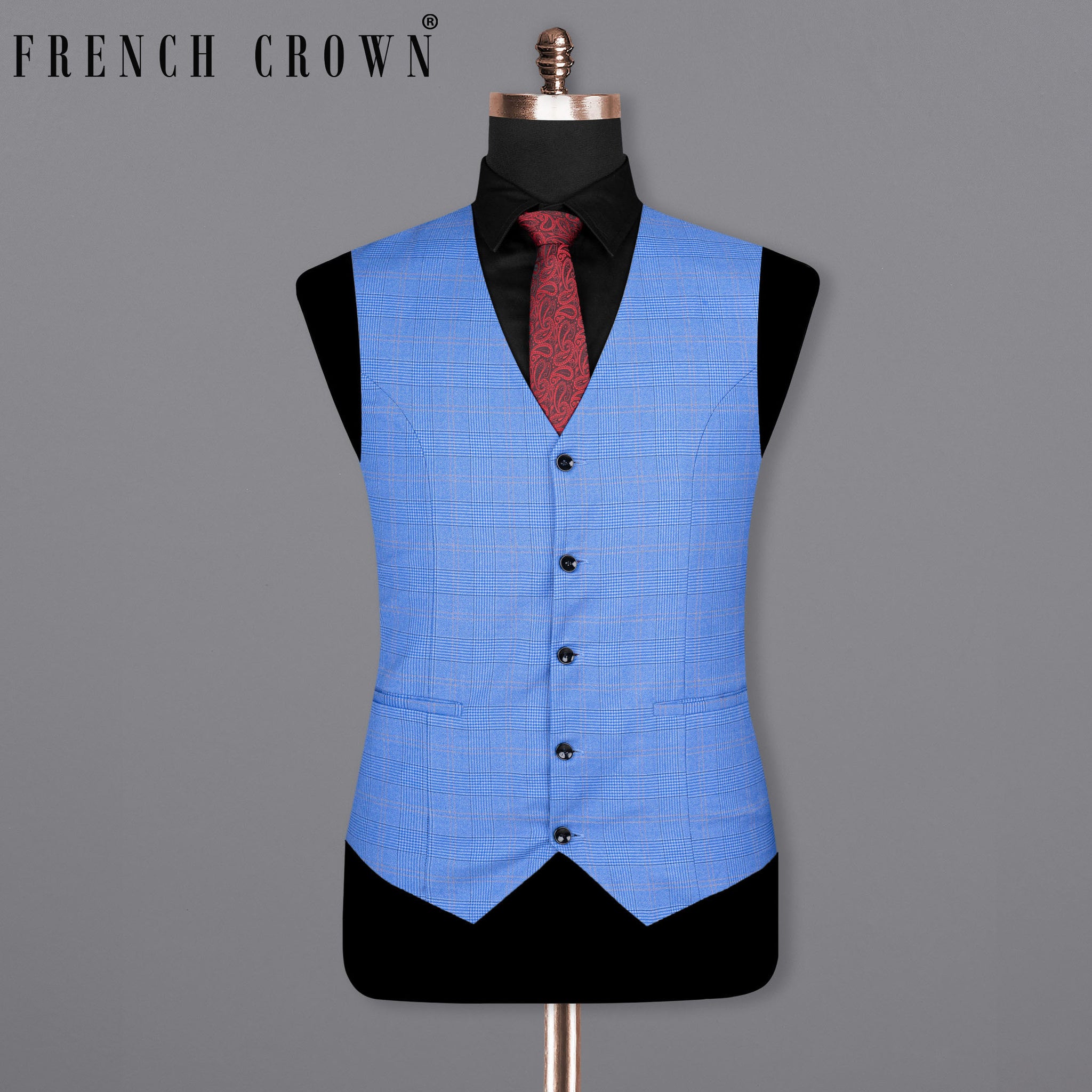 Cornflower Blue Checks-Plaid Premium Wool Blend Waistcoats For Men