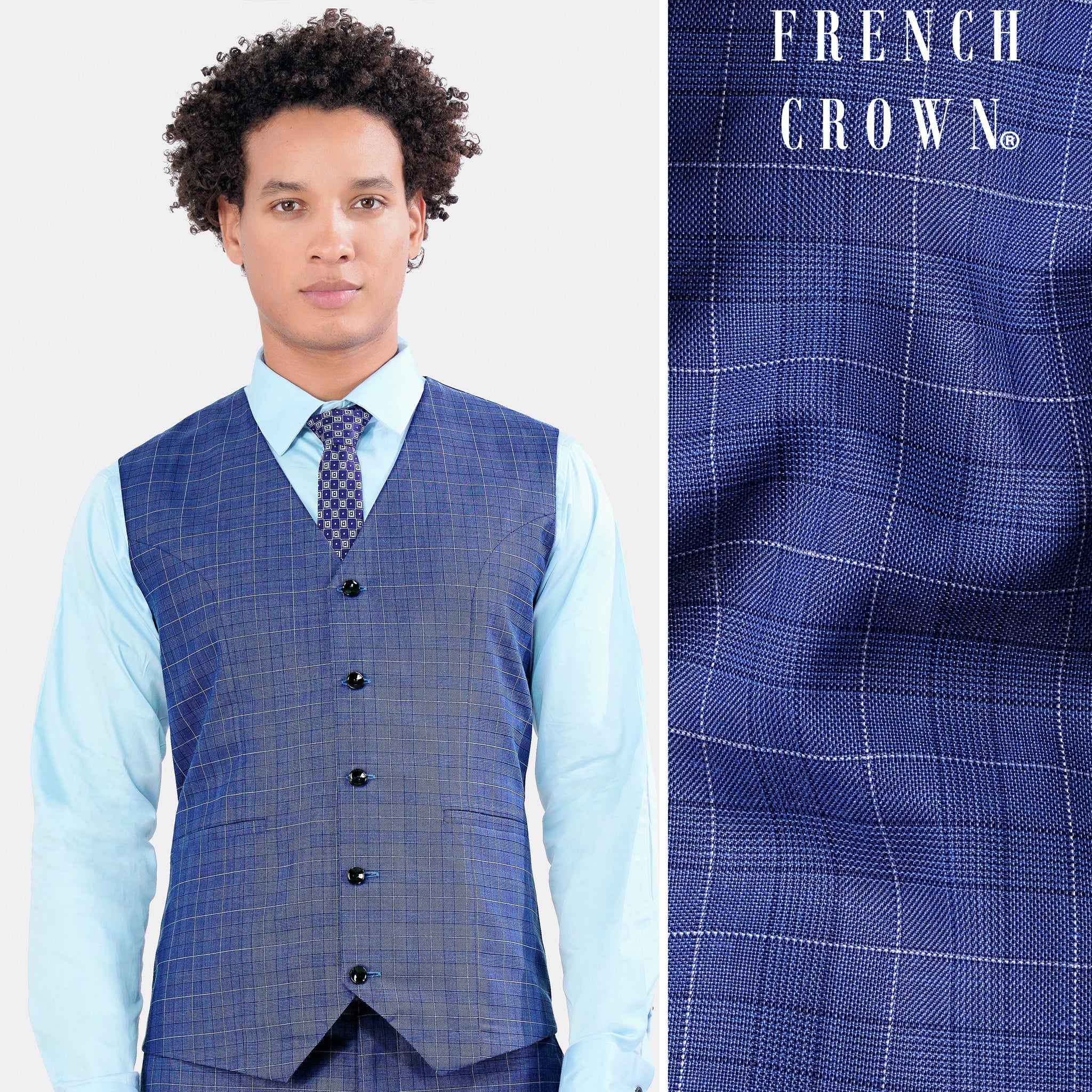 Yonder Blue Checks-Plaid Premium wool blend Wedding Waistcoats For Men.