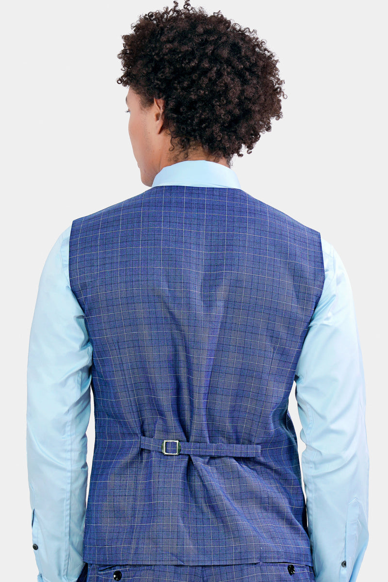 Yonder Blue Checks-Plaid Premium wool blend Wedding Waistcoats For Men.