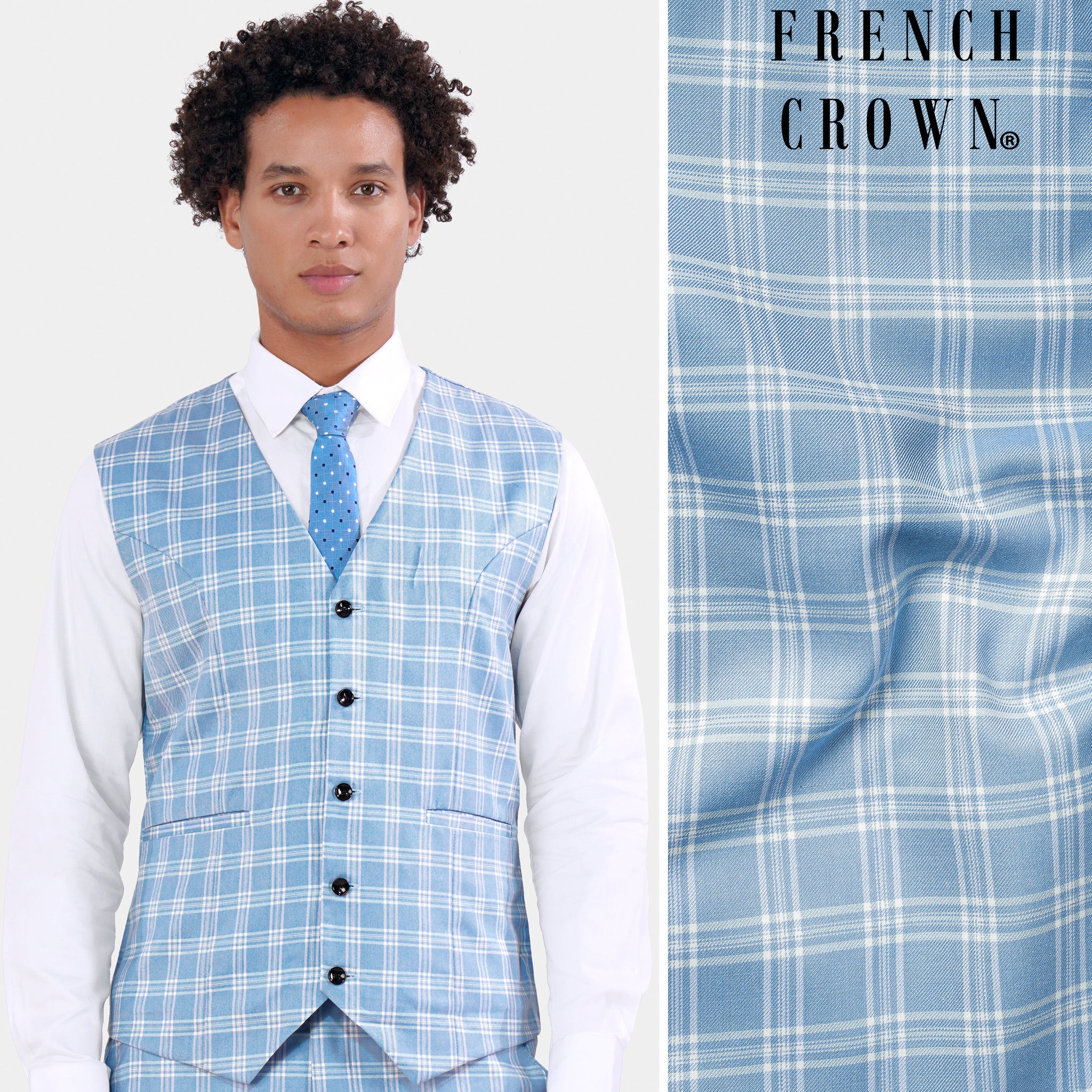 Casper Blue Checks-Plaid Premium Wool Blend Wedding Waistcoats For Men.