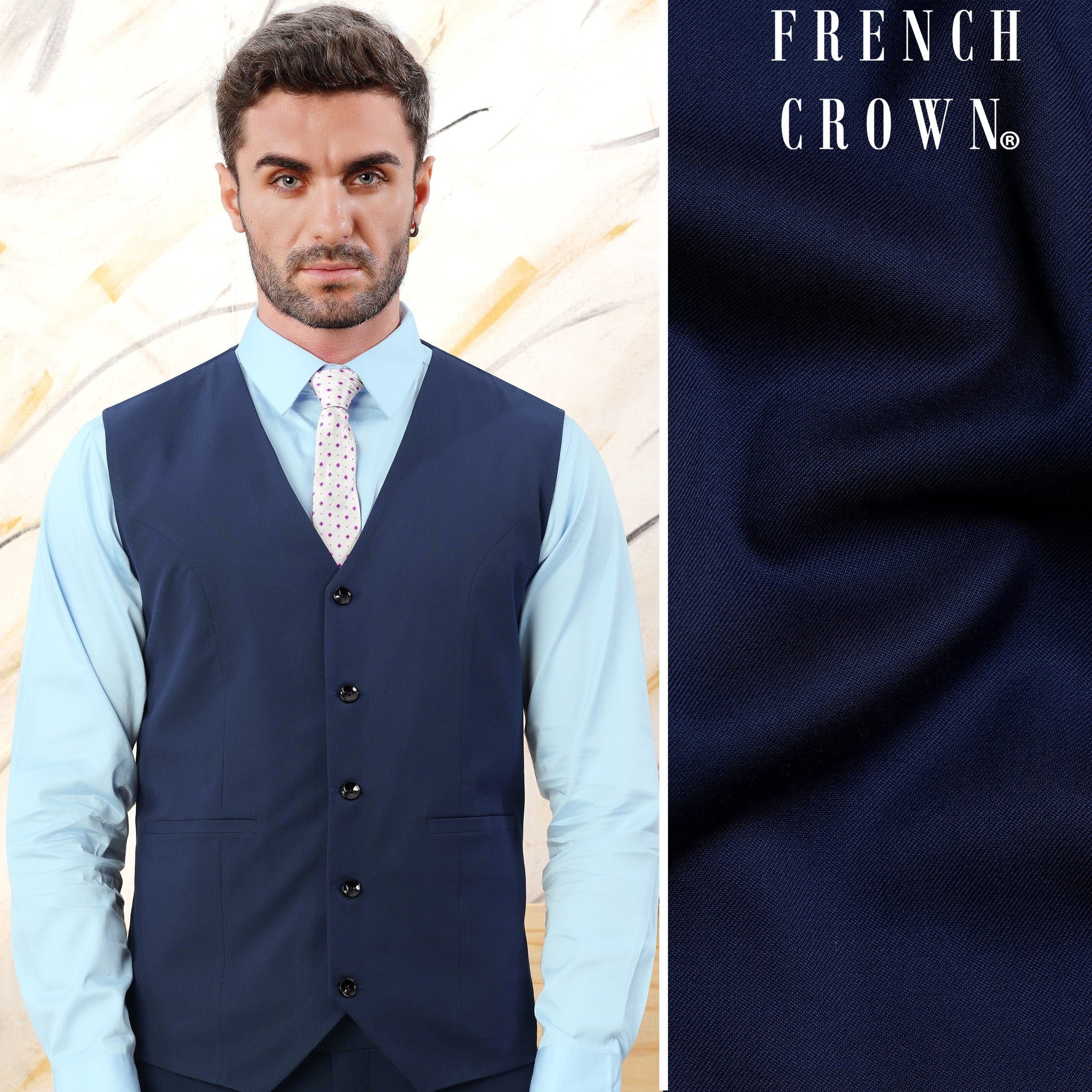 Cloud Burst Blue Plain-Solid Premium Wool Blend Wedding Waistcoats For Men.