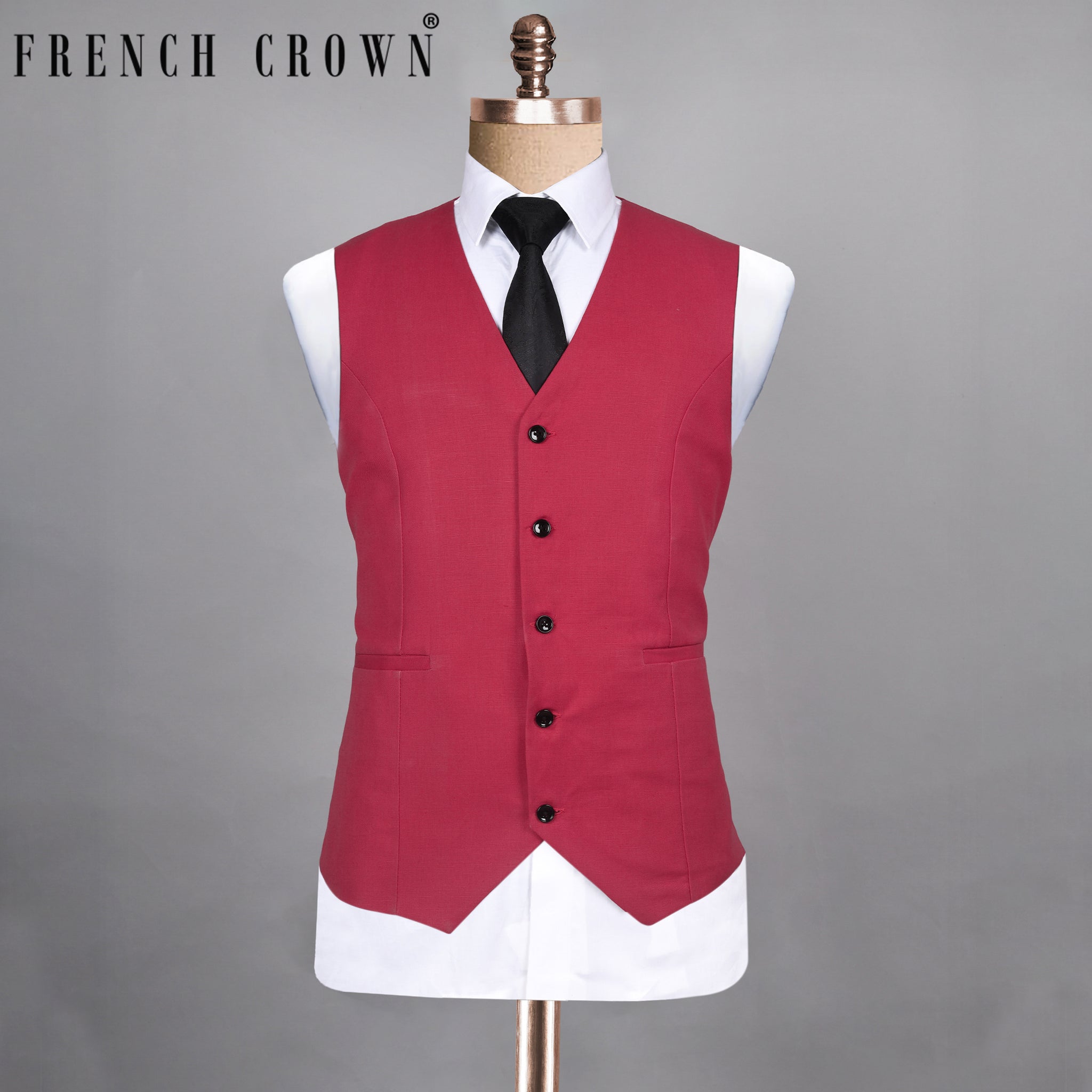 Candy Red Plaid-Solid Premium Linen Wedding Waistcoats For Men.
