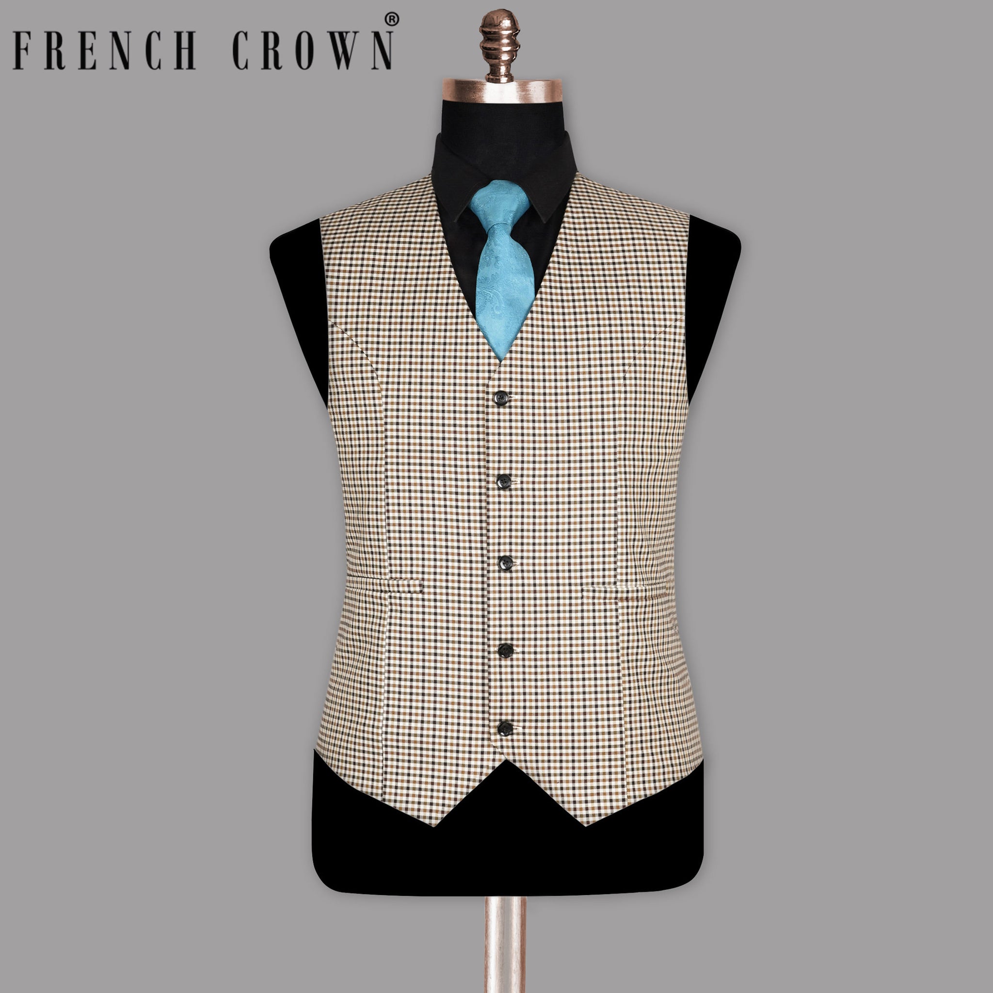 beige with brown checks-plaid Premium Cotton Waistcoats For Men
