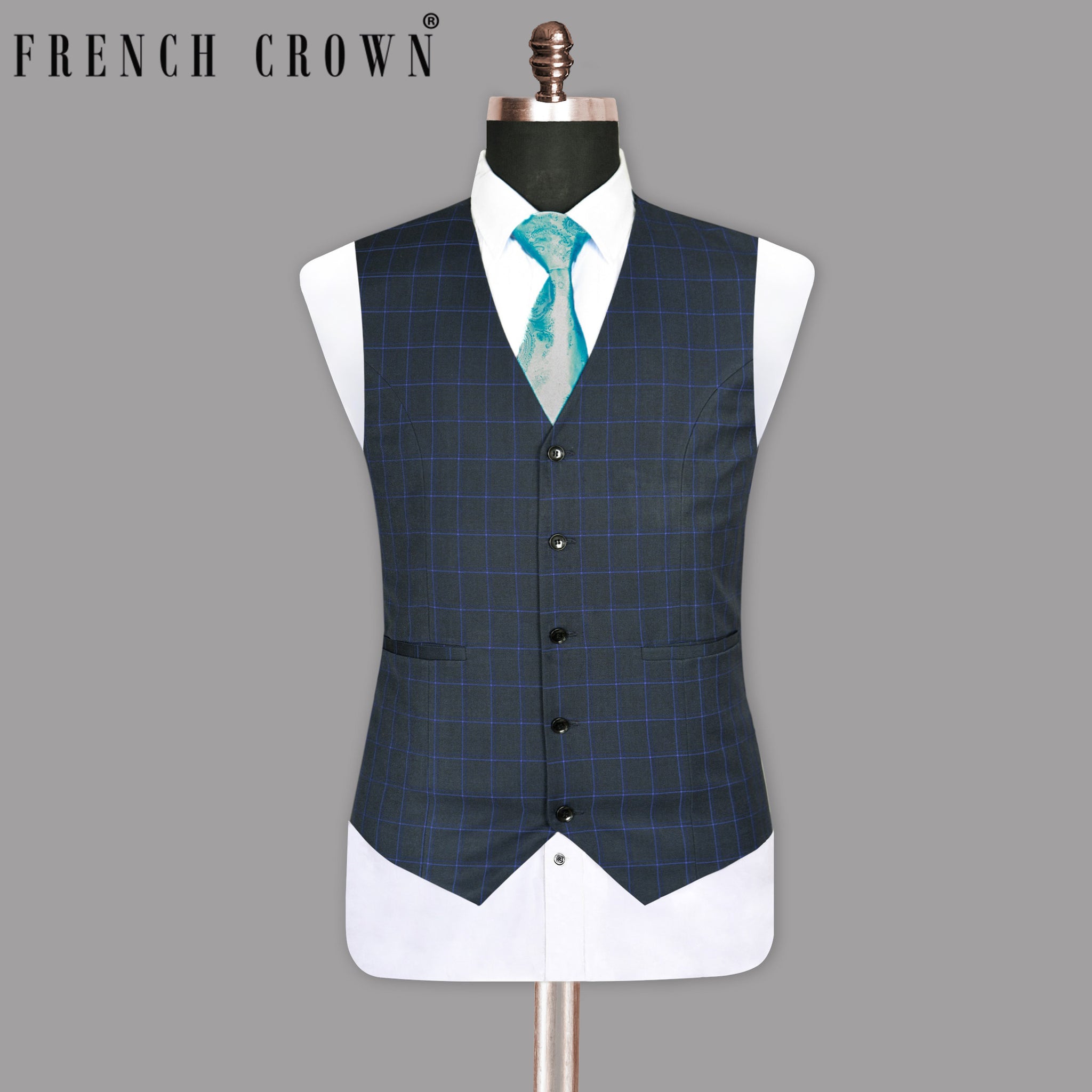 Charcoal With Blue Checks-Plaid Premium Wool-Blend Waistcoats For Men