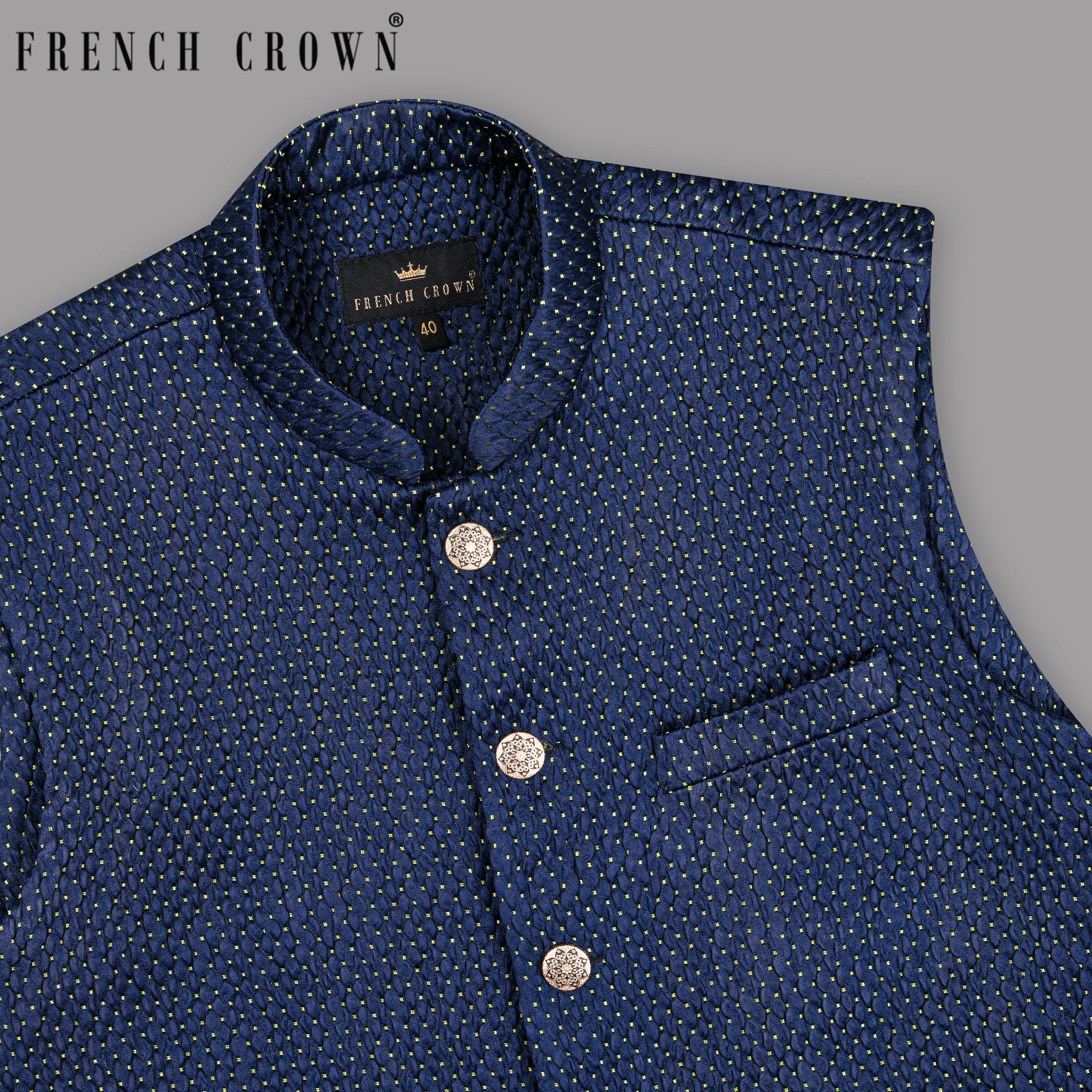 Big Stone Blue Textured Premium Polyester Wedding Nehru Jacket For Men.