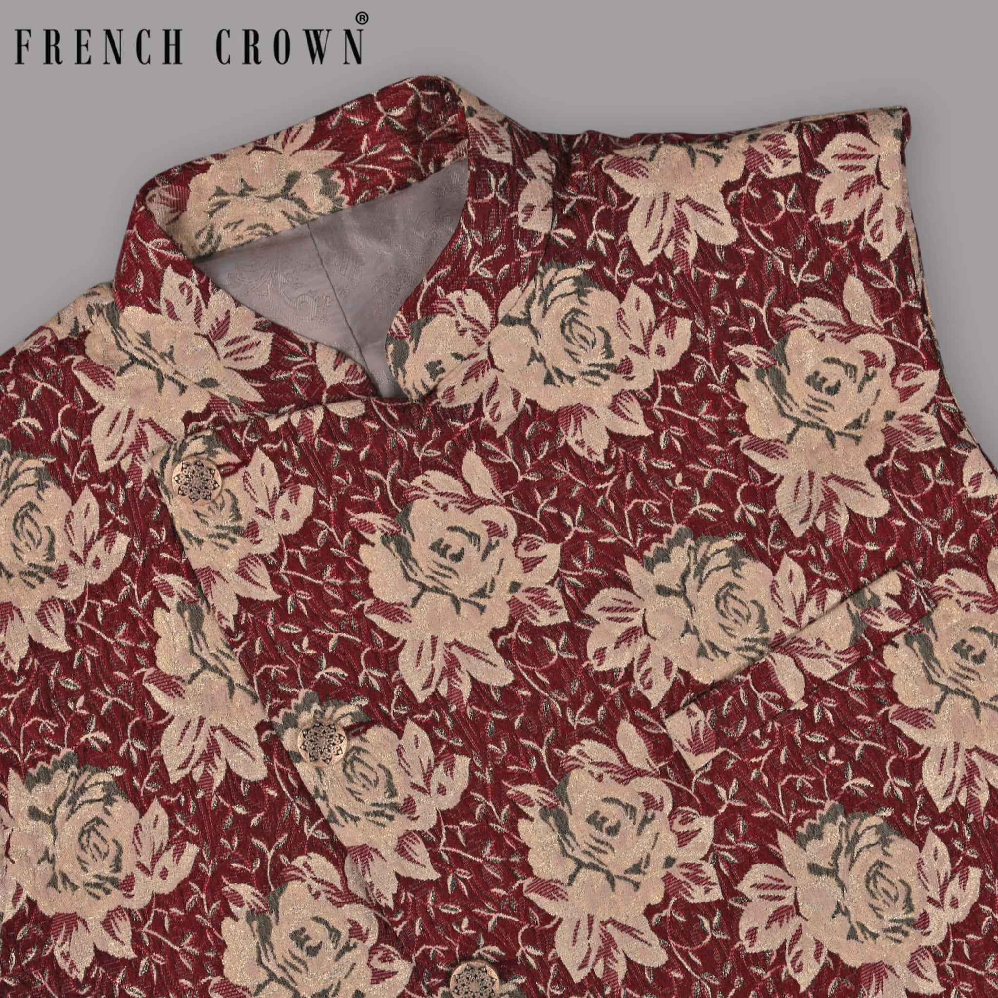 Cream With Red Rose Prints Premium Polyester Wedding Nehru Jacket For Men.
