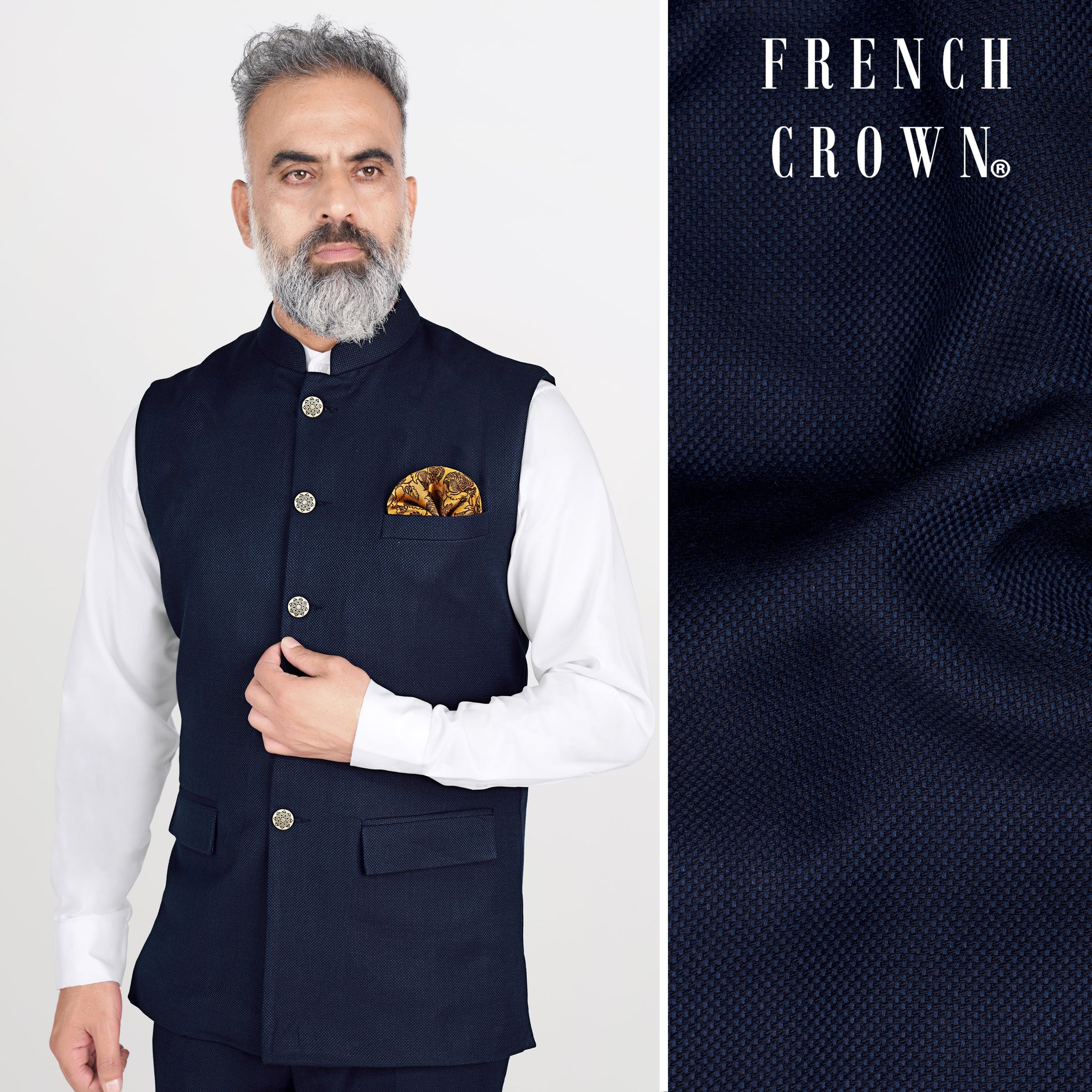 Berkeley Blue Textured Premium Wool-Blend Wedding Nehru Jackets For Men.