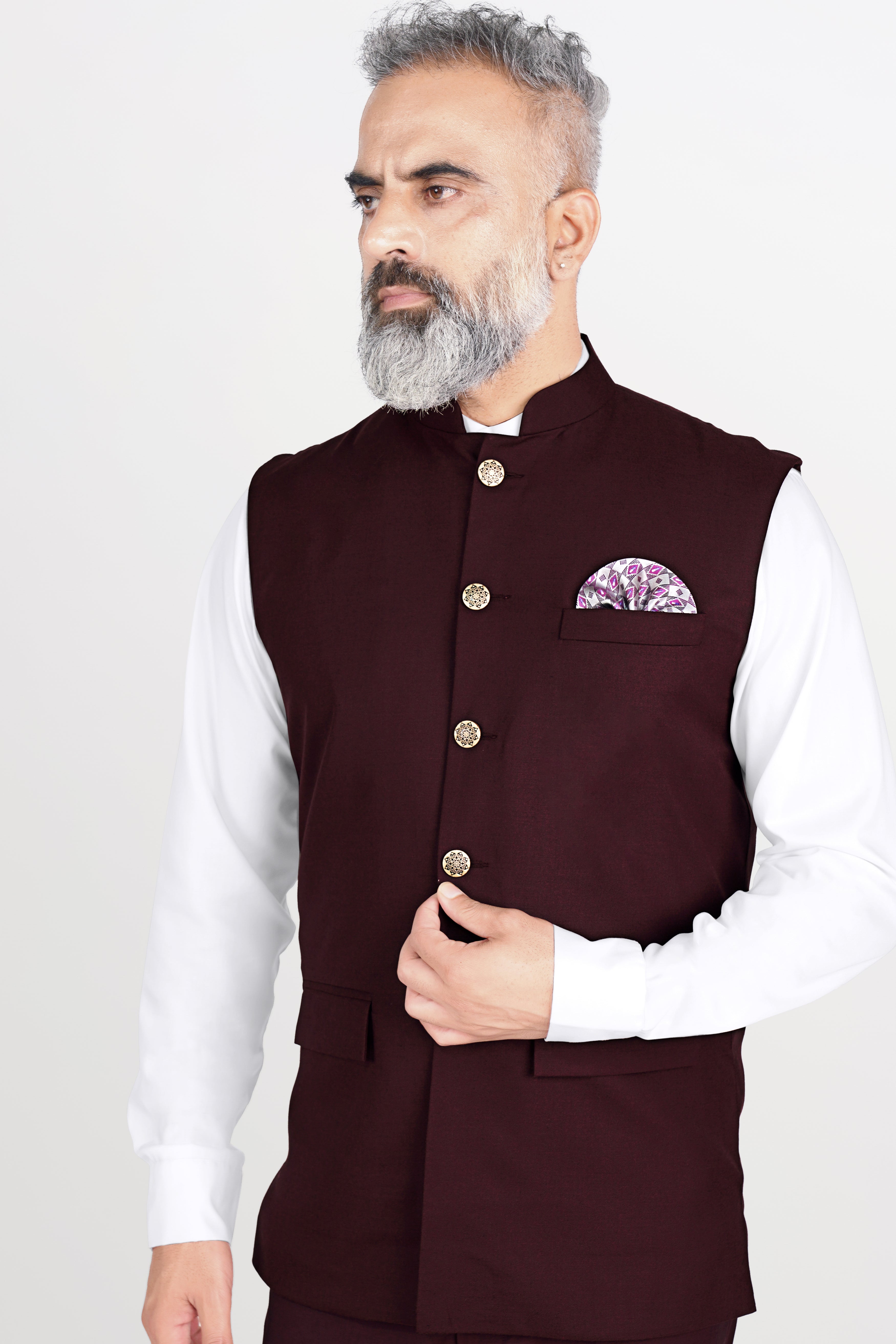 Umber Maroon Textured Premium Wool-Blend Wedding Nehru Jackets For Men.