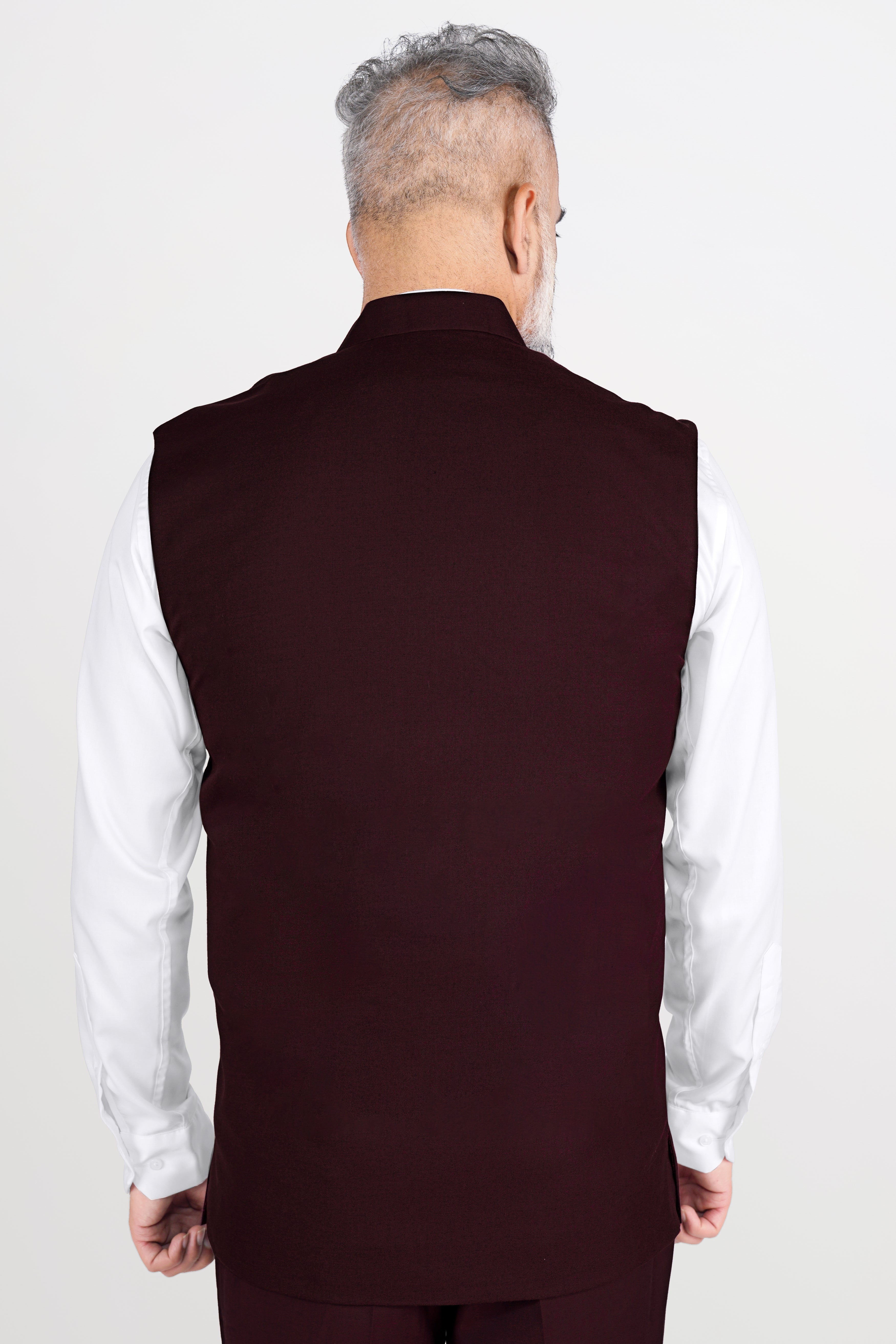 Umber Maroon Textured Premium Wool-Blend Wedding Nehru Jackets For Men.