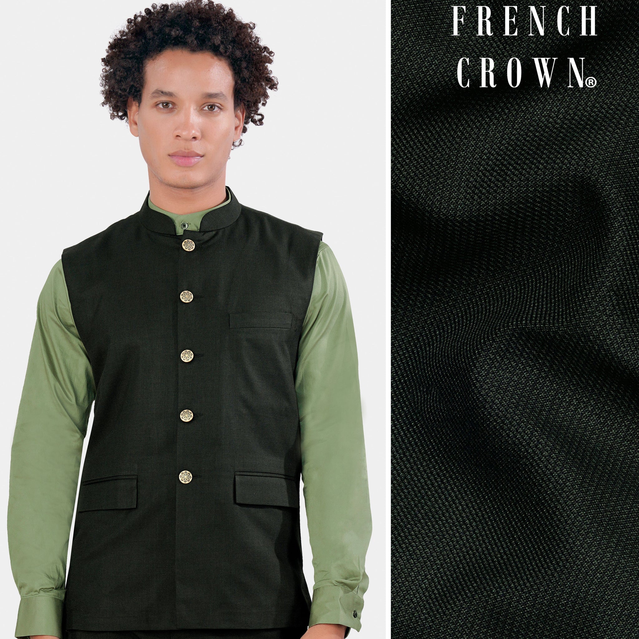 Kaitoke Green Textured Premium Wool Blend Wedding Nehru Jackets For Men.