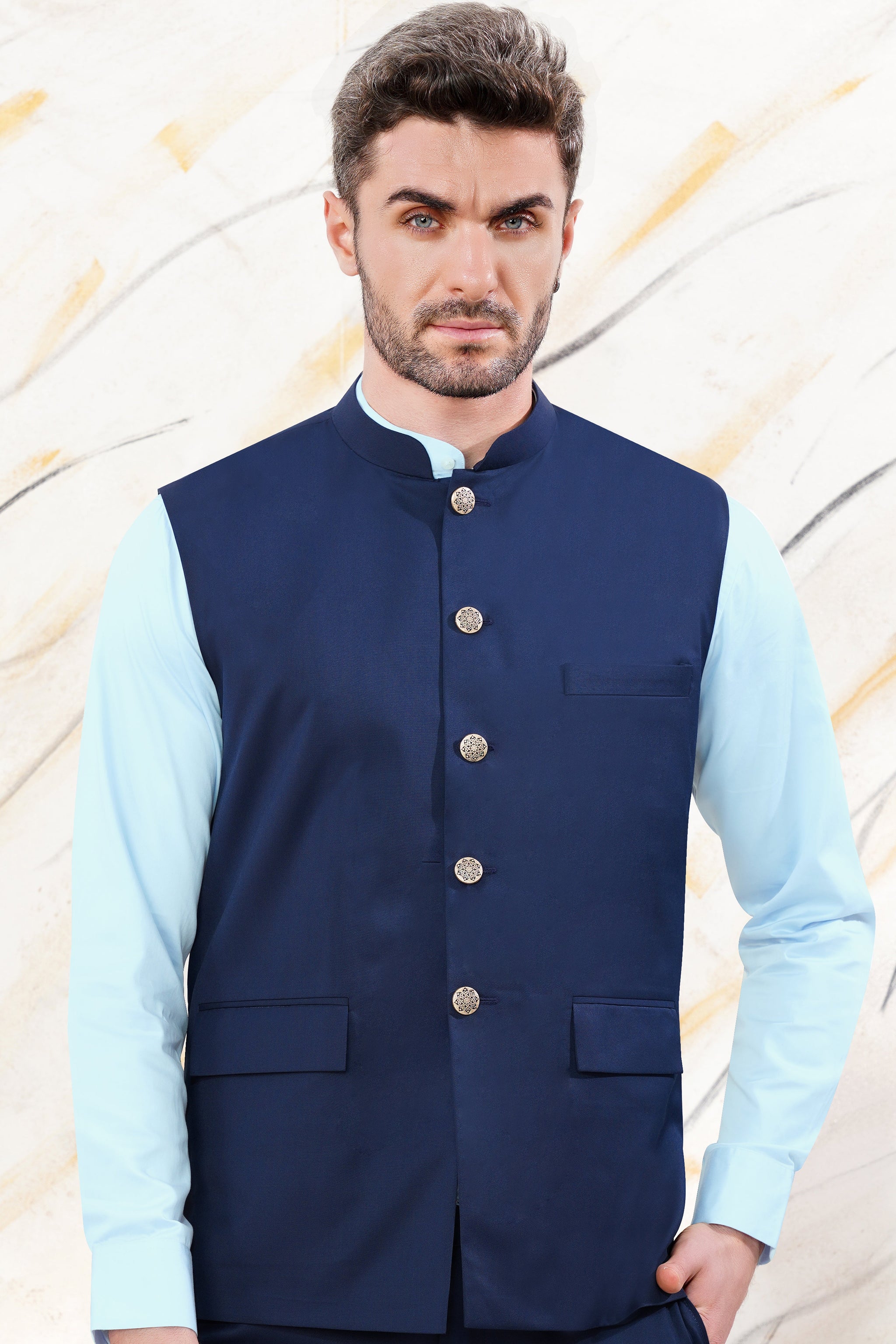 Cloud Burst Blue Textured Premium Wool Blend Wedding Nehru Jackets For Men.