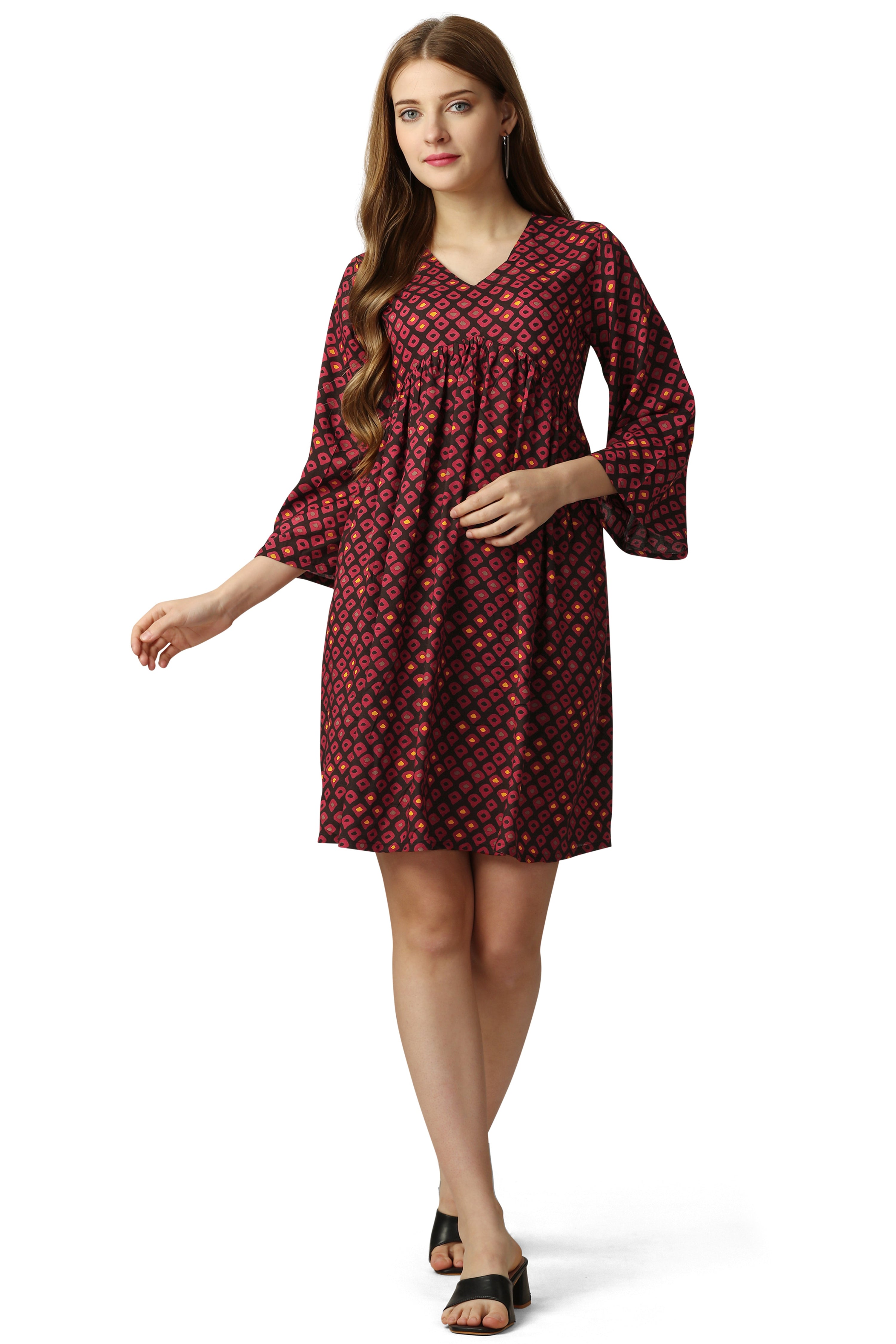 Deep Carmine Red with Jade Black Casual Prints Premium Cotton Dress For ...