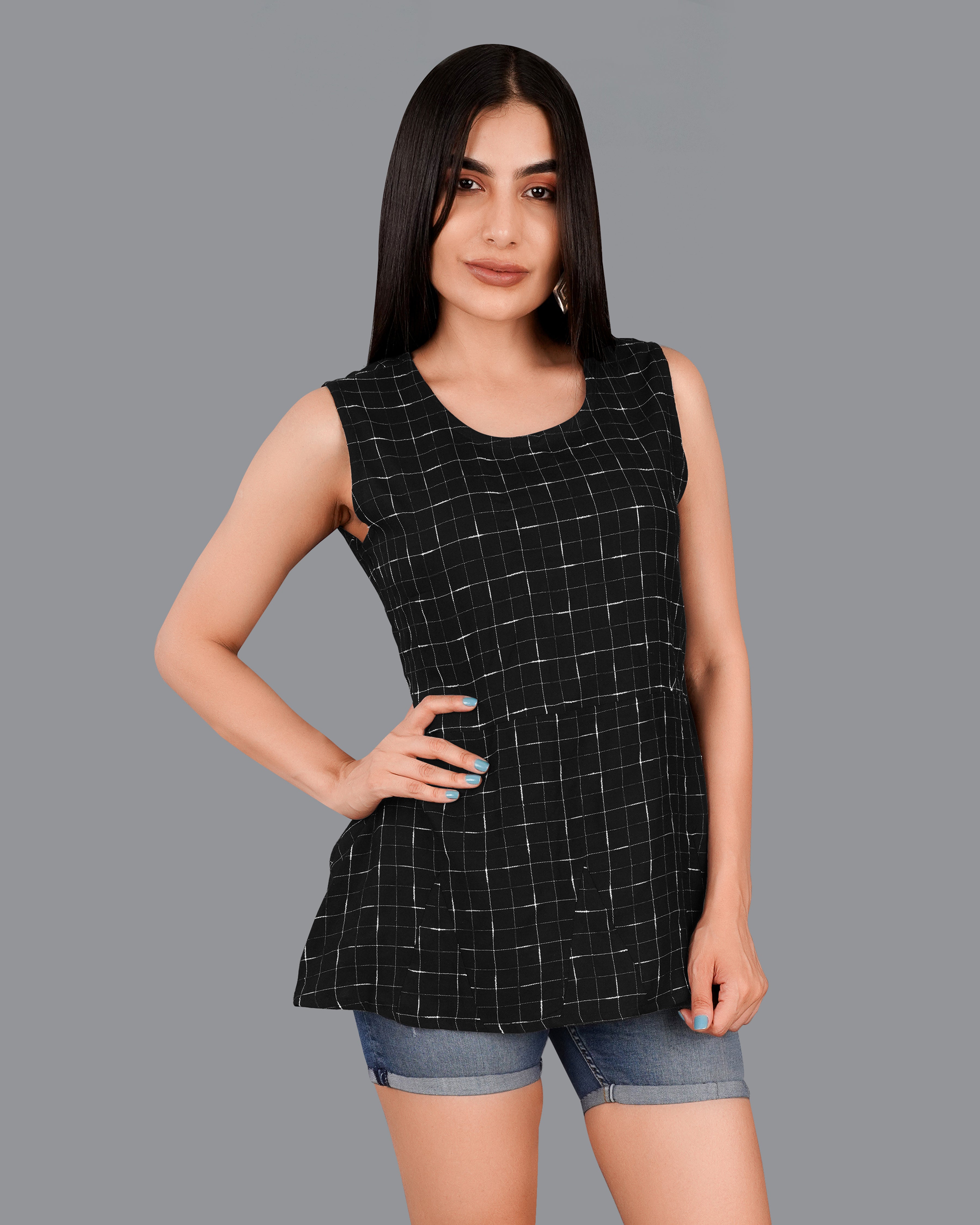 Jade Black and White Casual Checks-Plaid Premium Cotton Top For Women