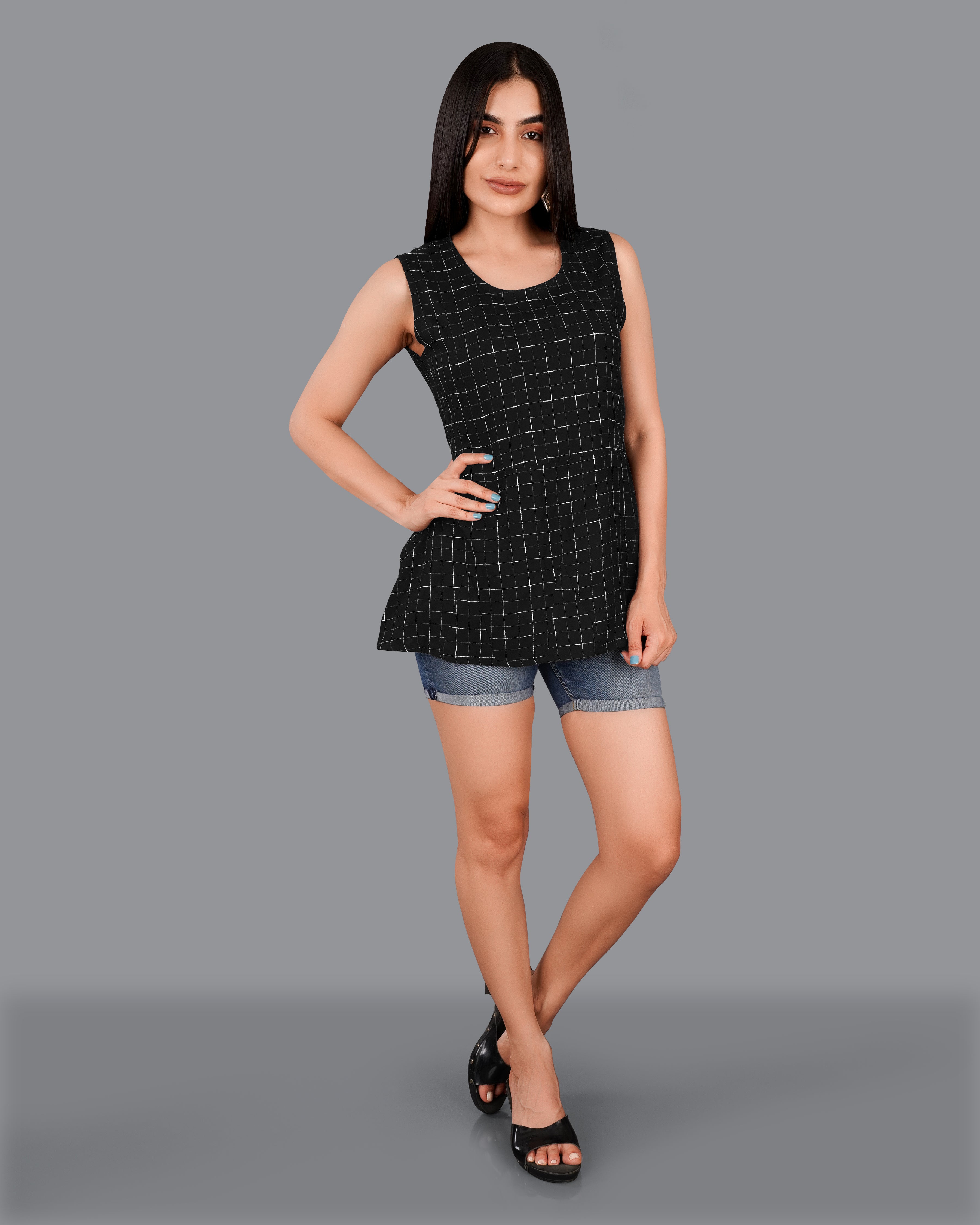 Jade Black and White Casual Checks-Plaid Premium Cotton Top For Women